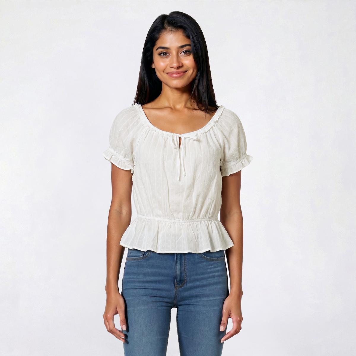 Click here for Juniors A. Byer Swiss Dot Peplum Peasant Blouse prices